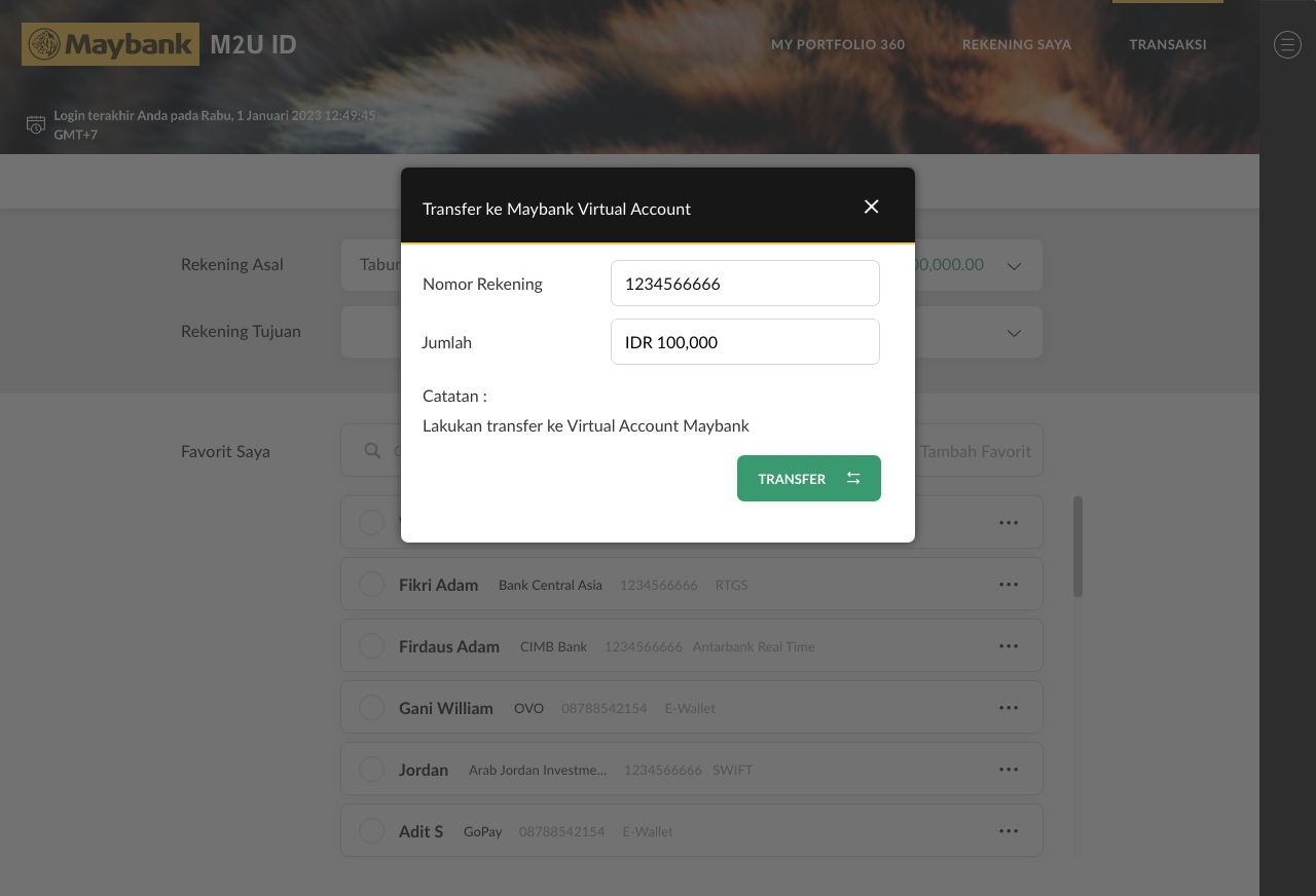 Panduan transfer virtual account via M2U ID Web